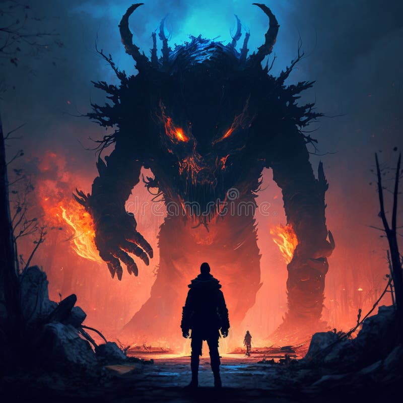 A Man Standing in Front of a Giant Demon Stock Illustration ...