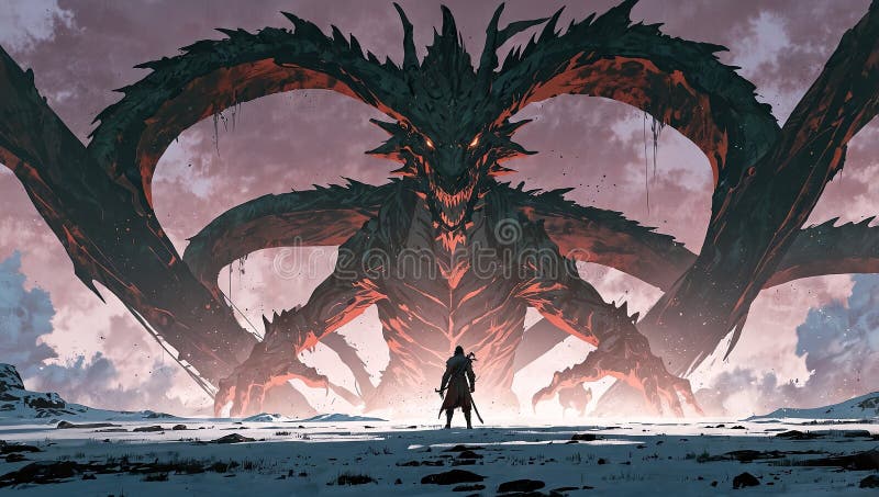 A Man Standing in Front of a Giant Dragon. Anime Style Stock Image ...