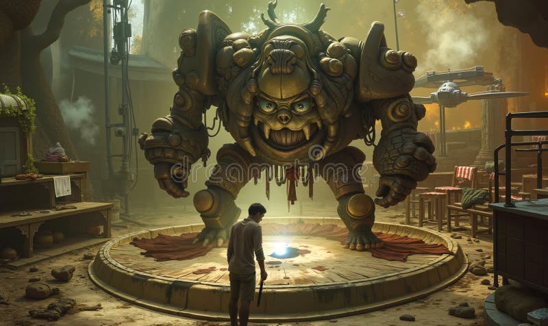 A Man Standing in Front of a Giant Monster in a Cave Stock Image ...