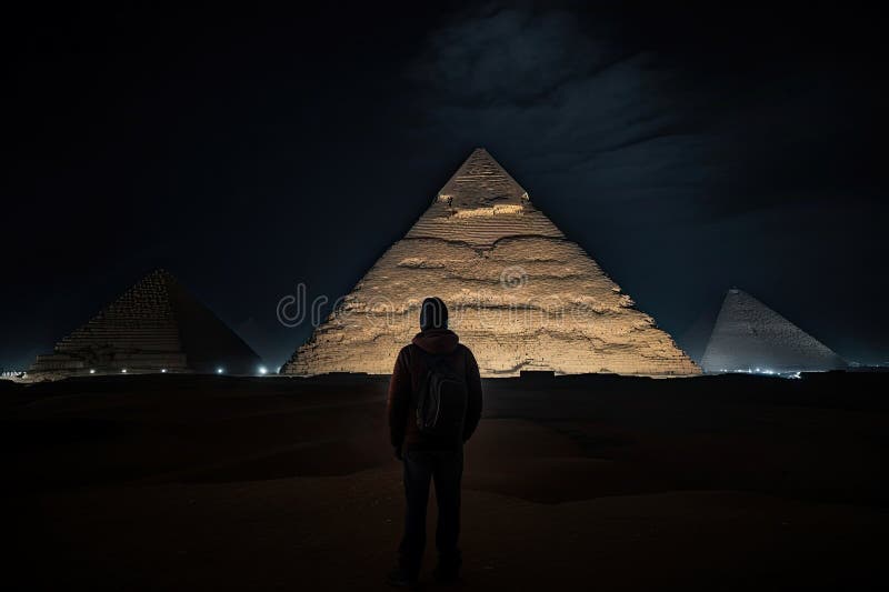 A Man Standing in Front of a Pyramid at Night. Generative Ai Stock ...