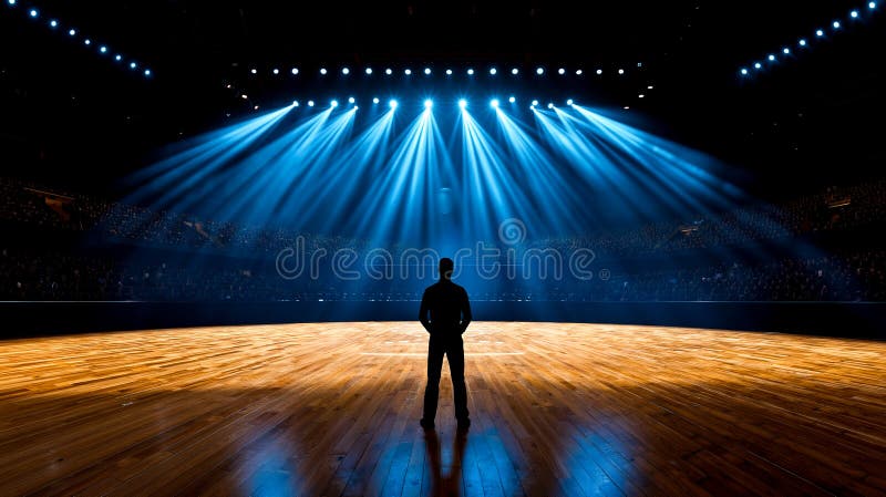 A Man Standing in Front of a Large Arena with Spotlights Stock Image ...