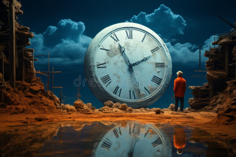 A Man Standing in Front of a Large Clock Stock Illustration ...