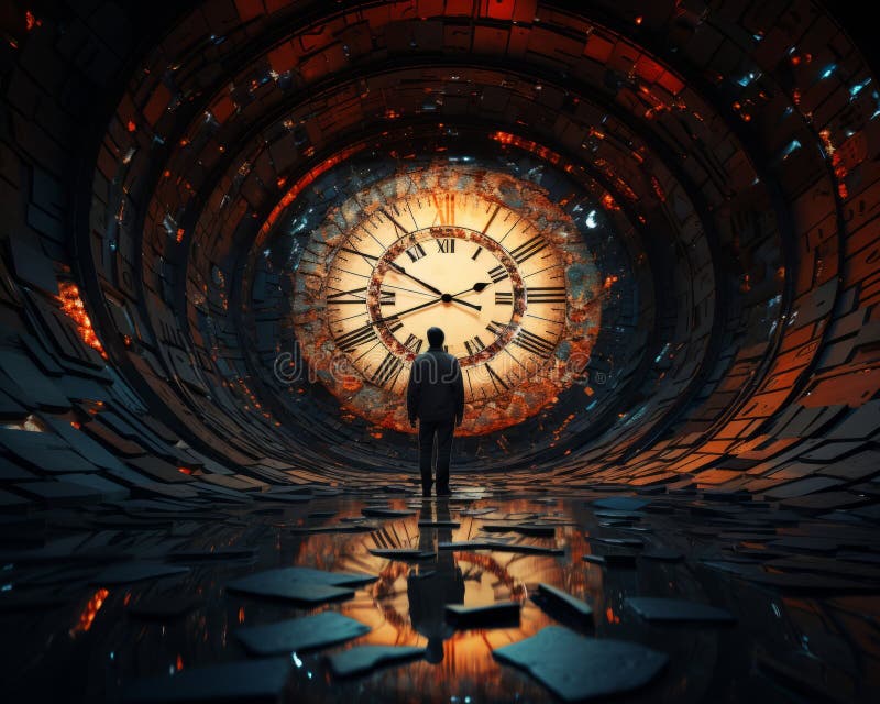 A Man Standing in Front of a Large Clock in a Dark Tunnel Stock ...