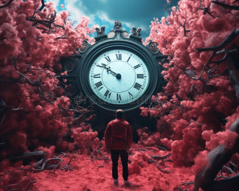 A Man Standing in Front of a Large Clock in a Forest Stock Illustration ...