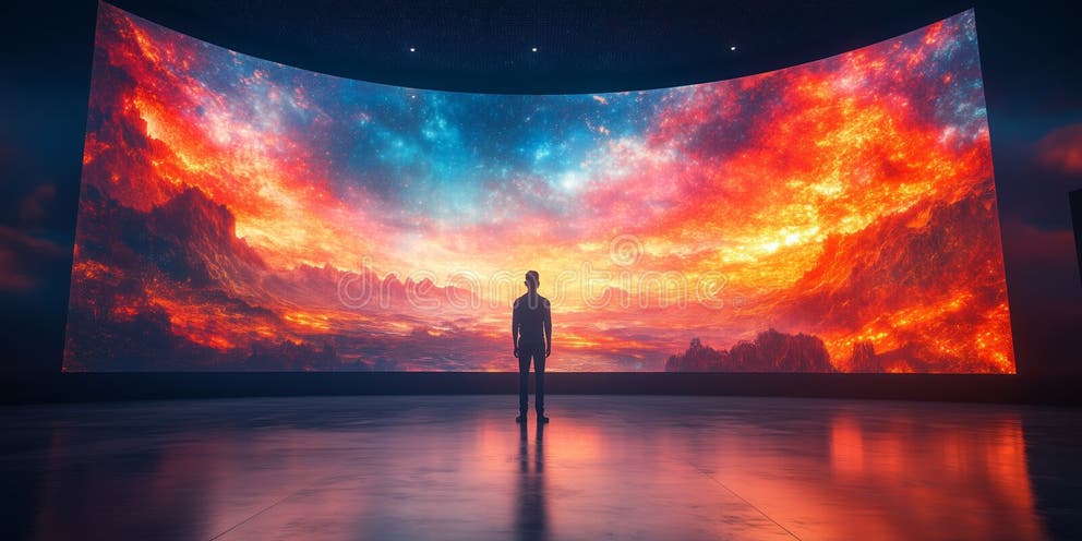 A Man Standing in Front of a Large Curved LED Screen Displaying a 3D ...