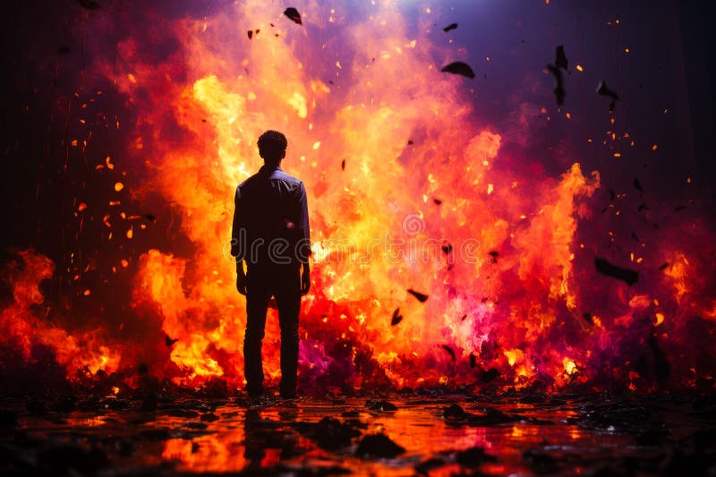 Man Standing in Front of Large Fire Filled Wall. Generative AI Stock ...