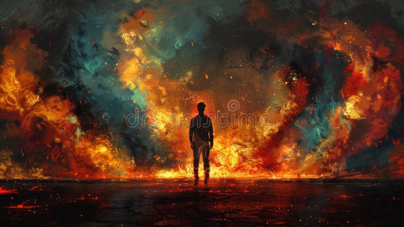 A Man Standing in Front of a Large Fire and Flames, AI Stock Image ...