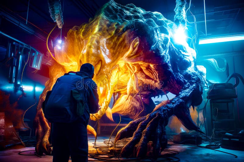 Man is Standing in Front of Large Monster Like Creature in Dark Room ...