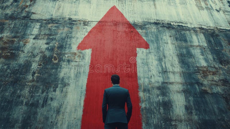 Man Standing in Front of Large Red Arrow on Concrete Wall, Concept of ...