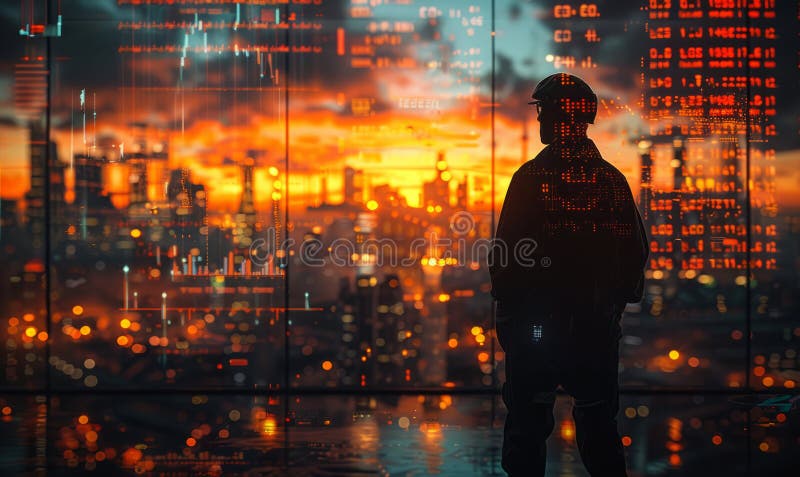 Man is Standing in Front of Large Screen with Numbers and Data ...