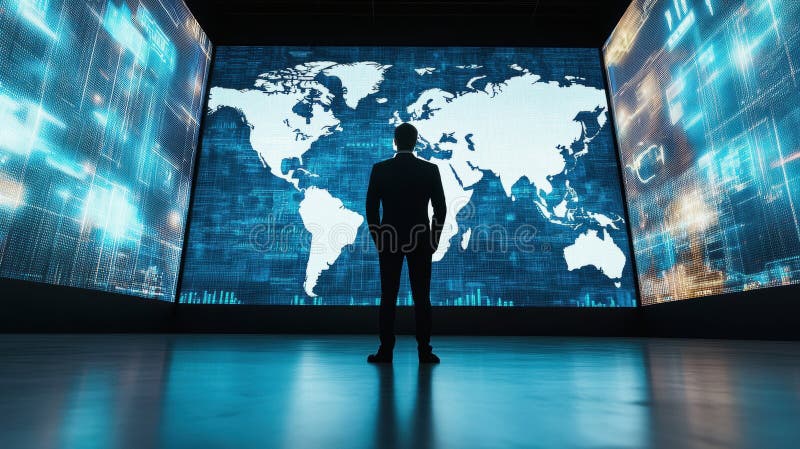 A Man Standing in Front of a Large Screen with World Map, AI Stock ...
