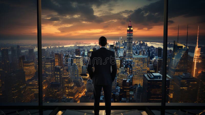 A Man Standing in Front of a Large Window Over. Generative AI. Stock ...