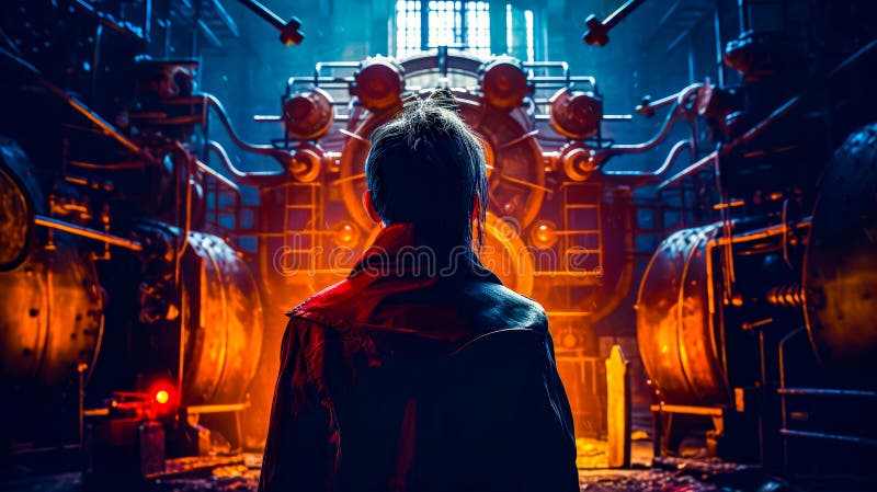 Man Standing in Front of Machine in Dark Room with Bright Lights ...