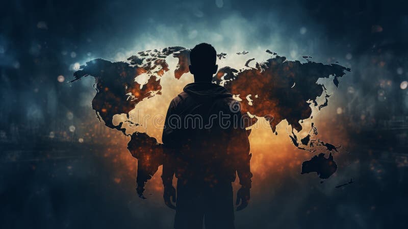A Man Standing in Front of a Map of the World Stock Illustration ...