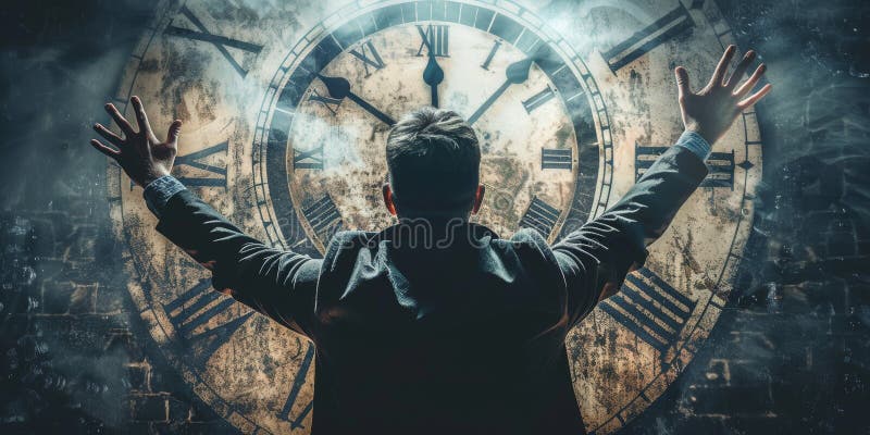 Man Standing in Front of Large Clock. Generative AI Stock Illustration ...