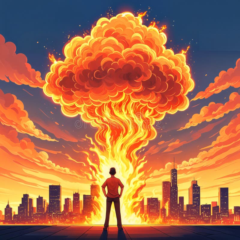 Man Stands in Front of a City Skyline, with a Massive Explosion Behind ...