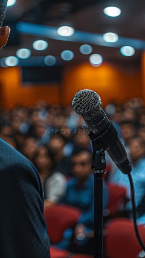 A Man Standing in Front of a Microphone with an Audience, AI Stock ...