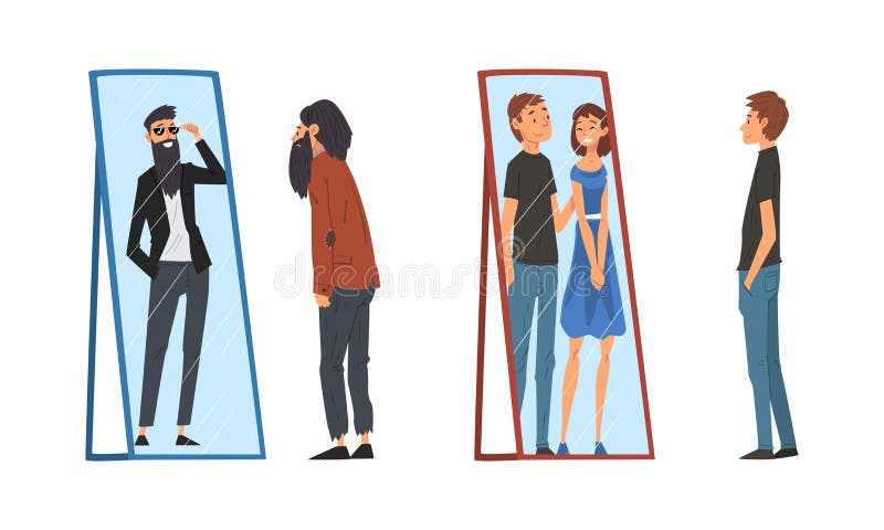 Man Standing in Front of Mirror Looking at His Reflection and Imagine ...