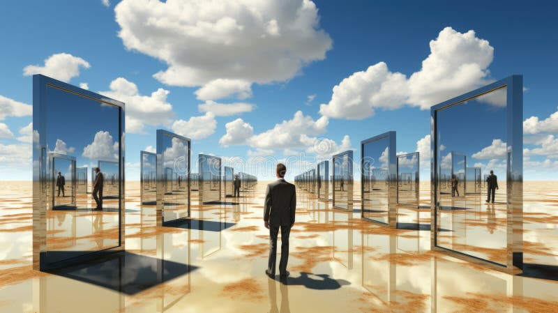 A Man Standing in Front of Mirrors in a Desert. Generative AI Image ...