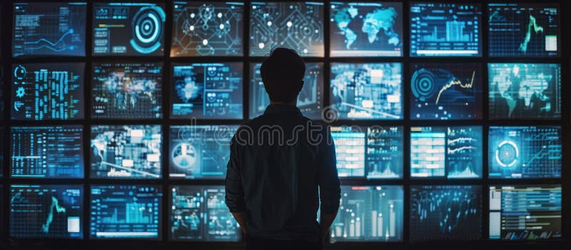Man Standing in Front of Multiple Screens Stock Image - Image of tech ...