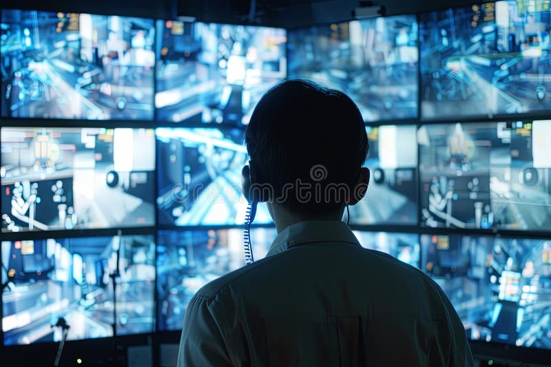 A Man is Standing in Front of Multiple Television Screens Stock ...