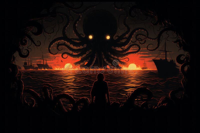 A Man Standing in Front of an Octopus at Sunset Stock Illustration ...