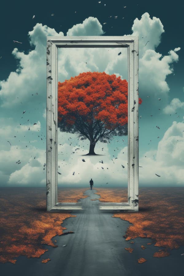 A Man is Standing in Front of an Open Door with a Tree in the Middle ...