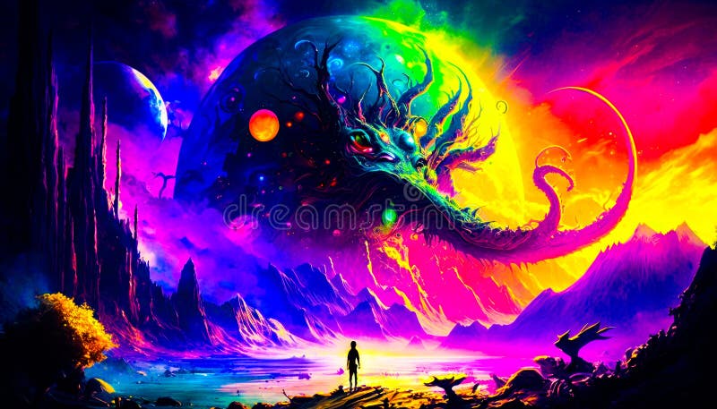 Man Standing in Front of Painting of Dragon. Fantasy Stock Illustration ...