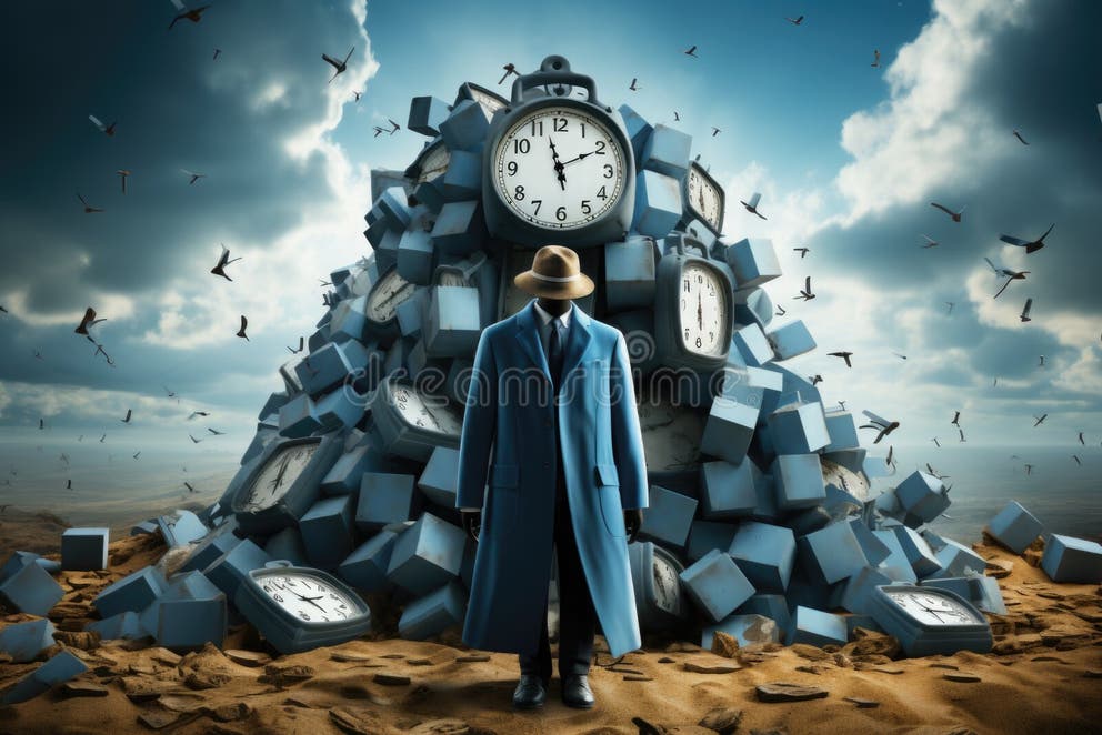 A Man Standing in Front of a Pile of Clocks. Generative AI Image. Stock ...