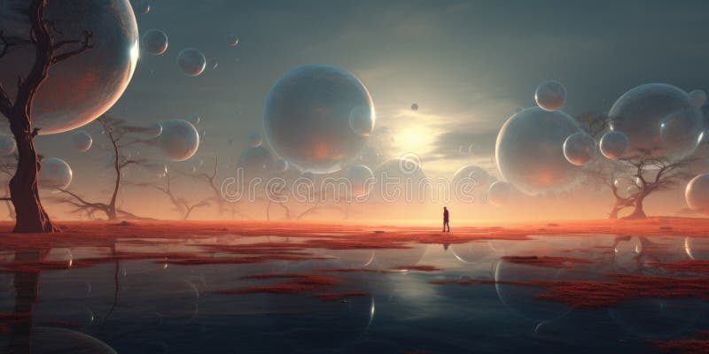A Man Standing in Front of a Pond with Many Spheres, AI Stock ...