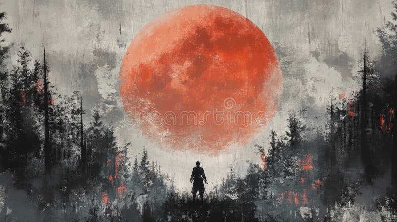 A Man Standing in Front of a Red Moon Stock Illustration - Illustration ...