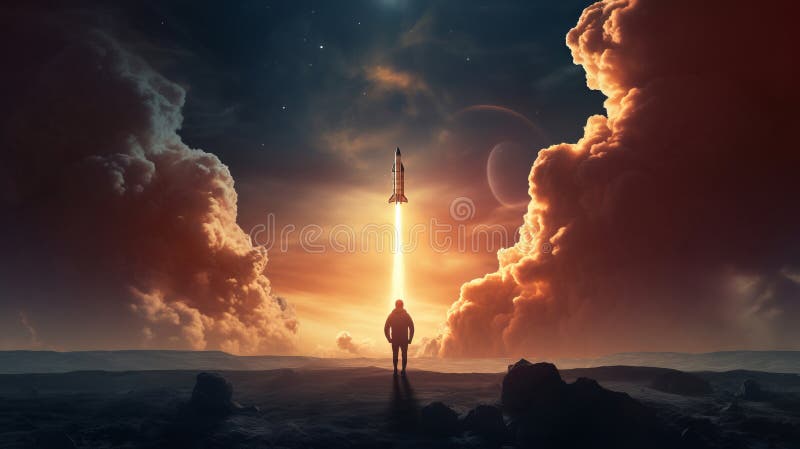 Man Standing in Front of Rocket Takes Off in the Sky Stock Photo ...