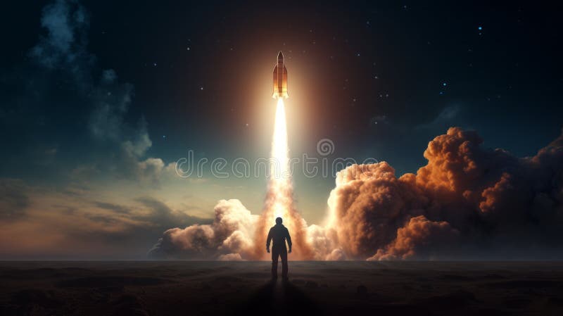 Man Standing in Front of Rocket Takes Off in the Sky Stock Image ...