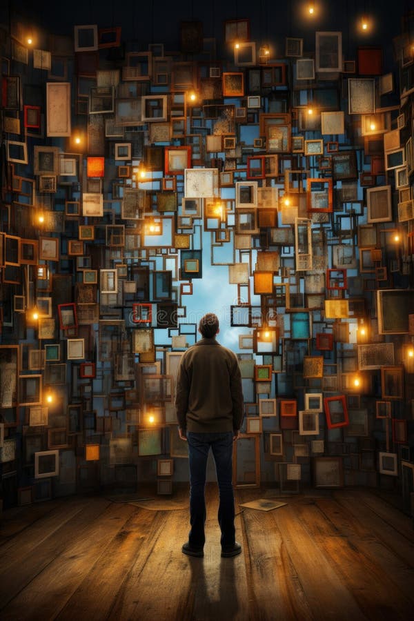 A Man Standing in Front of a Room Full of Frames, AI Stock Illustration ...