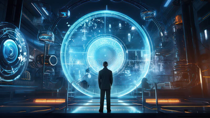 Man Standing in Front of a Round Blue Glowing Portal Created with ...
