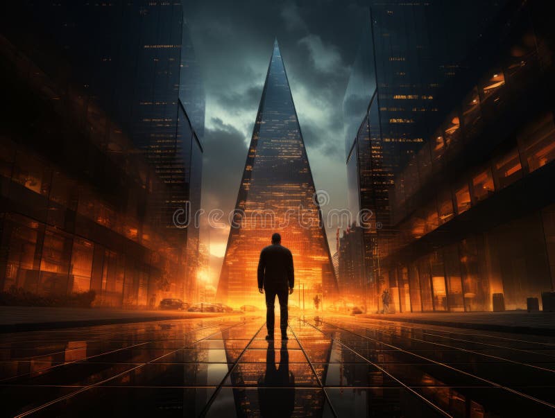 A Man Standing in Front of a Skyscraper at Night Stock Illustration ...