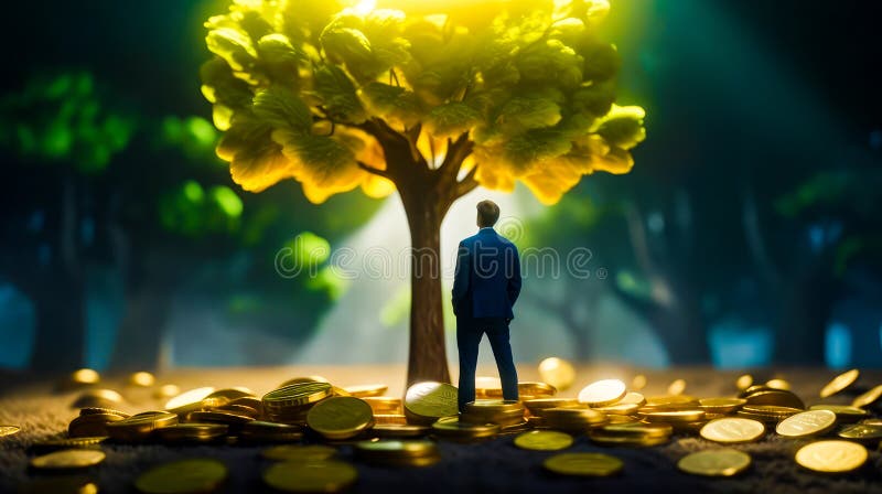 Man Standing in Front of Tree Full of Gold Coins. Generative AI Stock ...