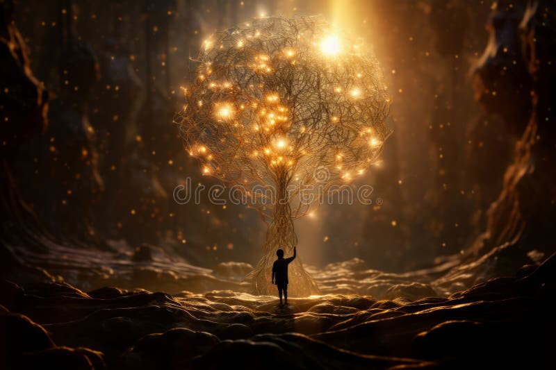 A Man Standing in Front of a Tree with Glowing Lights Stock ...