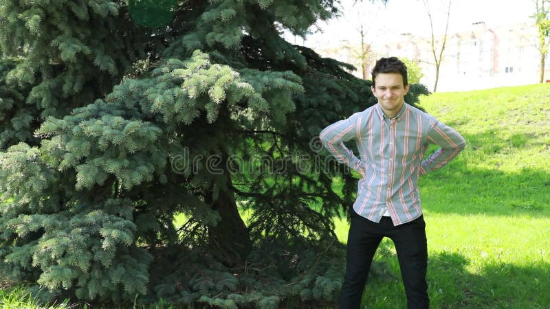 A Man Standing in Front of a Pine Tree Stock Video - Video of tall ...