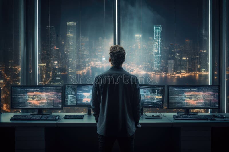 A Man is Standing in Front of Two Computer Monitors in a Professional ...