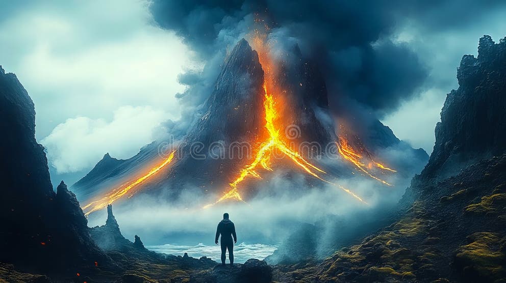 A Man Standing in Front of a Volcano with Lava Flowing Out of it Stock ...