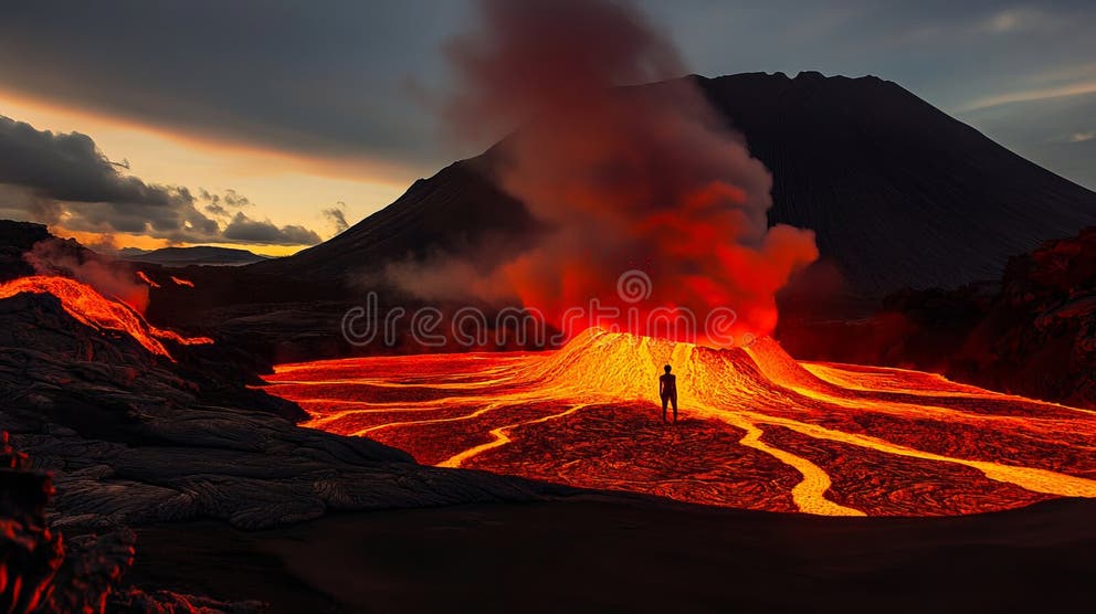 A Man Standing in Front of a Volcano at Sunset Stock Illustration ...