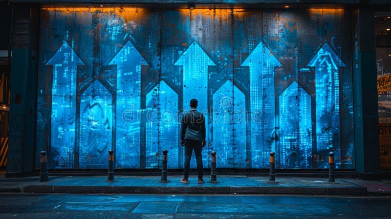 Man Standing in Front of a Wall with Blue Arrow Graffiti Pointing ...