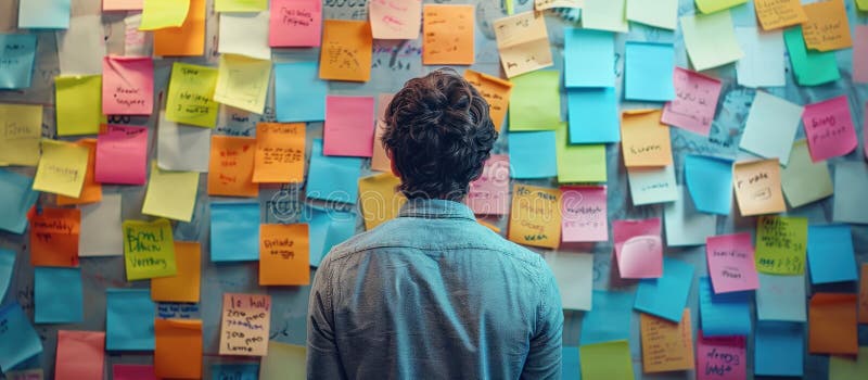 Man Reviewing Notes on Wall Stock Photo - Image of growth, development ...