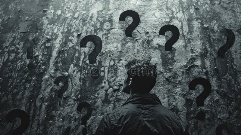 A Man Standing in Front of a Wall with Many Question Marks, AI Stock ...