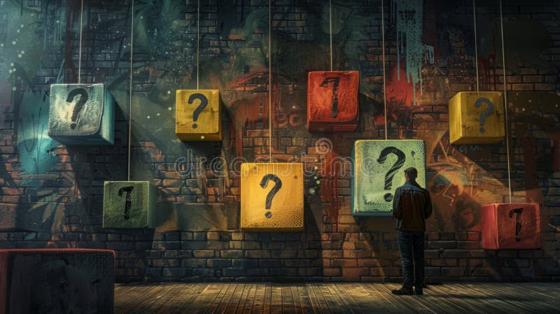Man Standing in Front of Wall of Question Marks Stock Image - Image of ...
