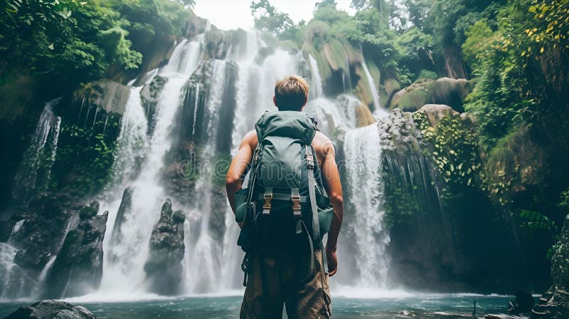 Man Standing in Front of a Waterfall with His Back Turned, AI-generated ...