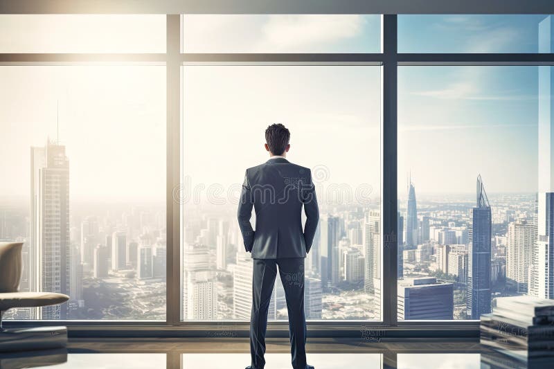 Man Standing in Front of Window, Looking Out at City Stock Photo ...