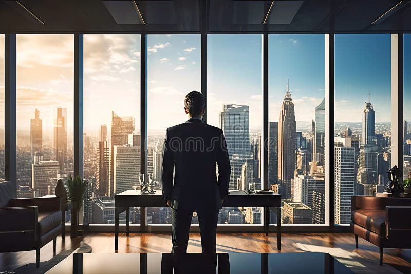 Man Standing in Front of Window, Looking Out at City Stock Image ...
