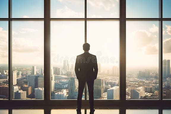 Man Standing in Front of Window, Looking Out at City Stock Photo ...